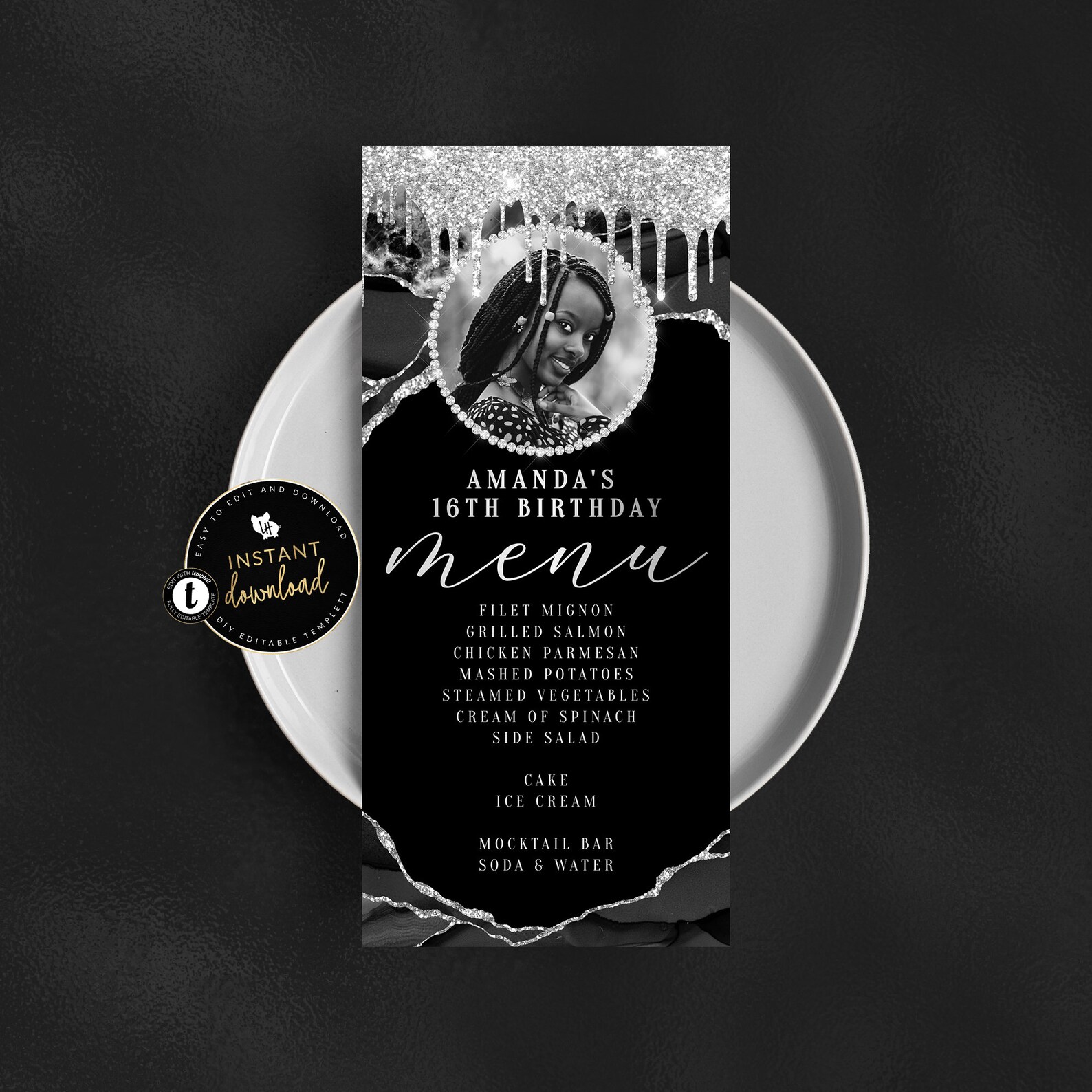 Black and Silver Photo Menu Card Black and Silver Drip Menu - Etsy