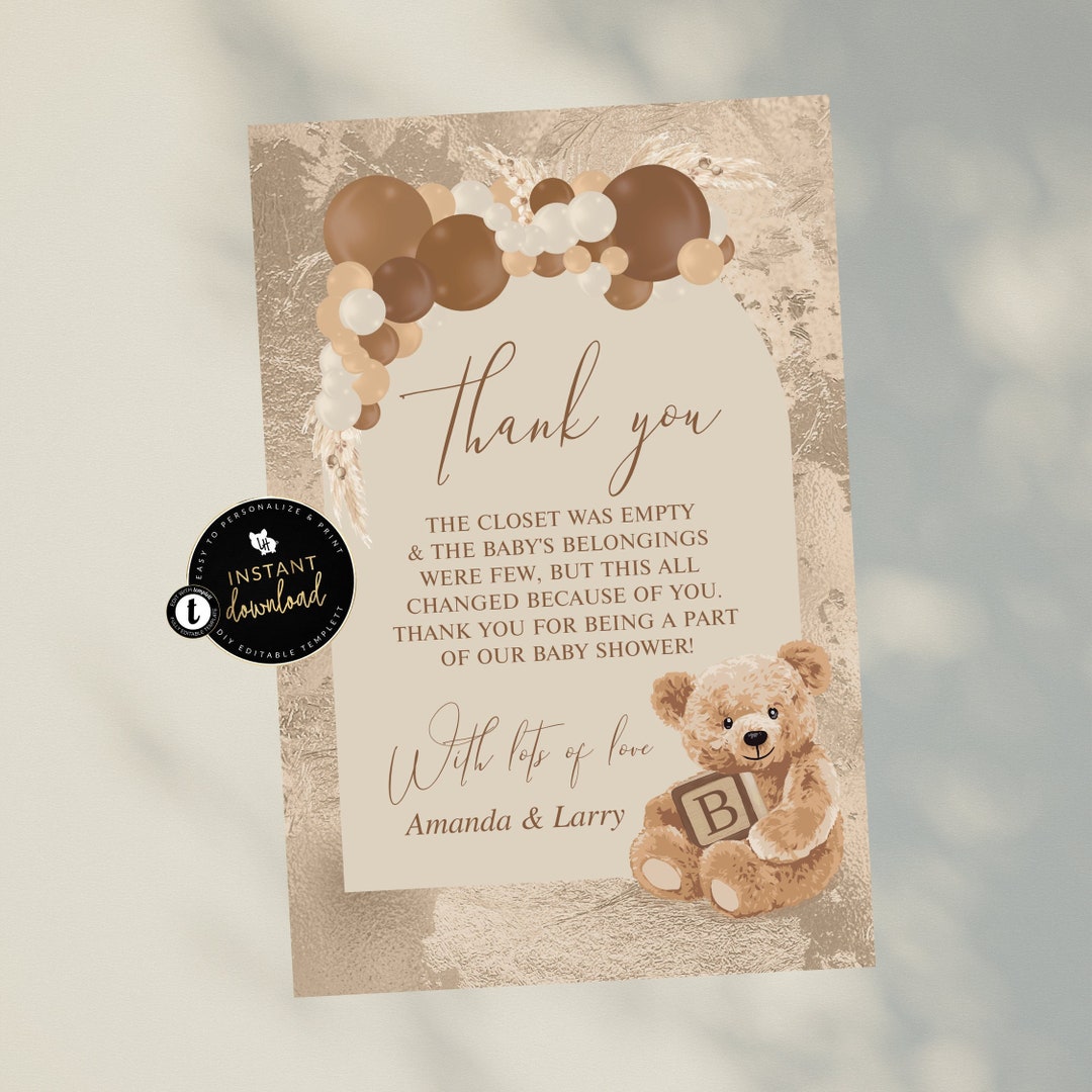 Teddy Bear Thank You Card, Pampas Grass Teddy Bear, Baby Shower Thank ...