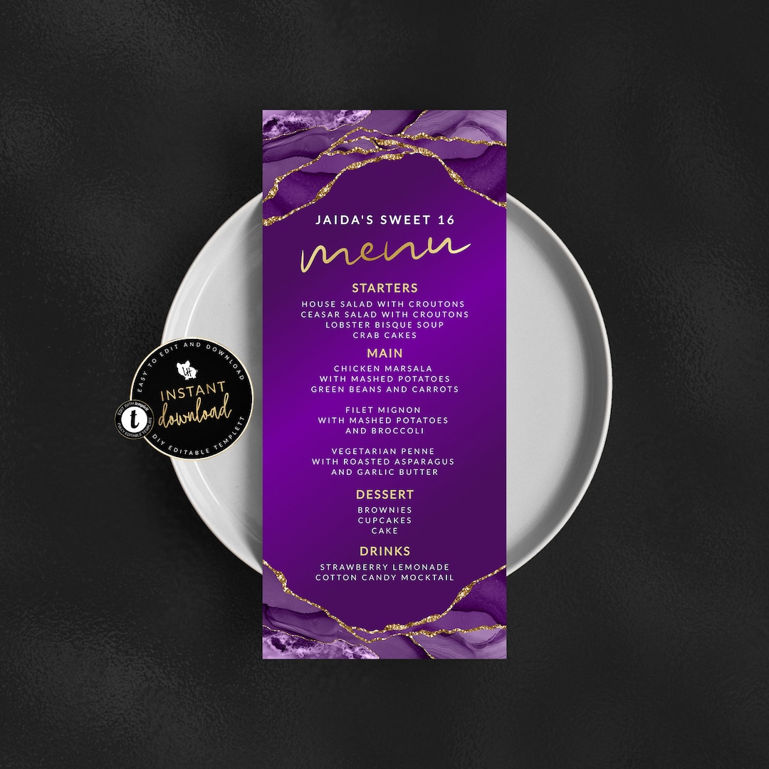 Purple and Gold Menu Card, Purple and Gold Agate Menu, Purple Birthday ...