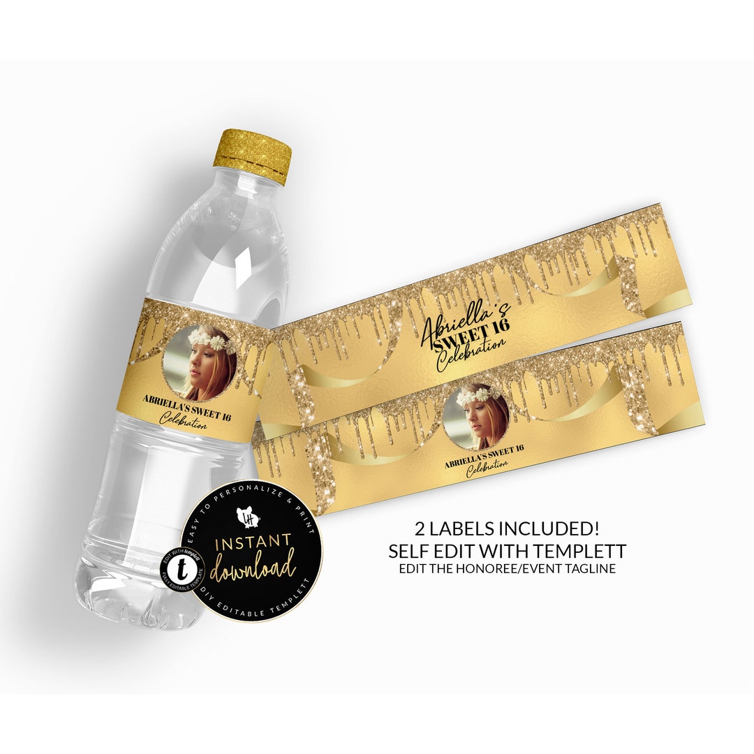 Gold Drip Water Bottle Labels, Gold Photo Water Bottle Label, Gold ...