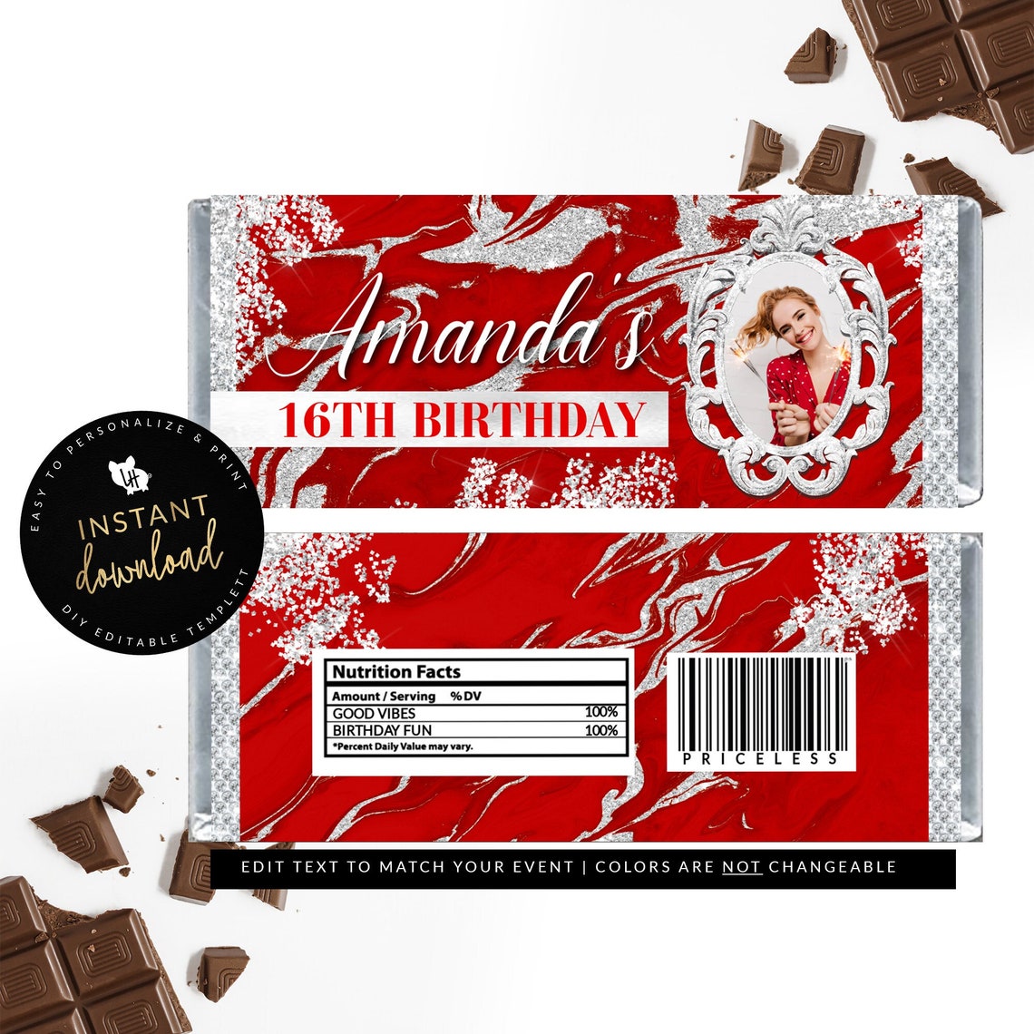 Red and Silver Marble Candy Bar Label Red and Silver Favor - Etsy