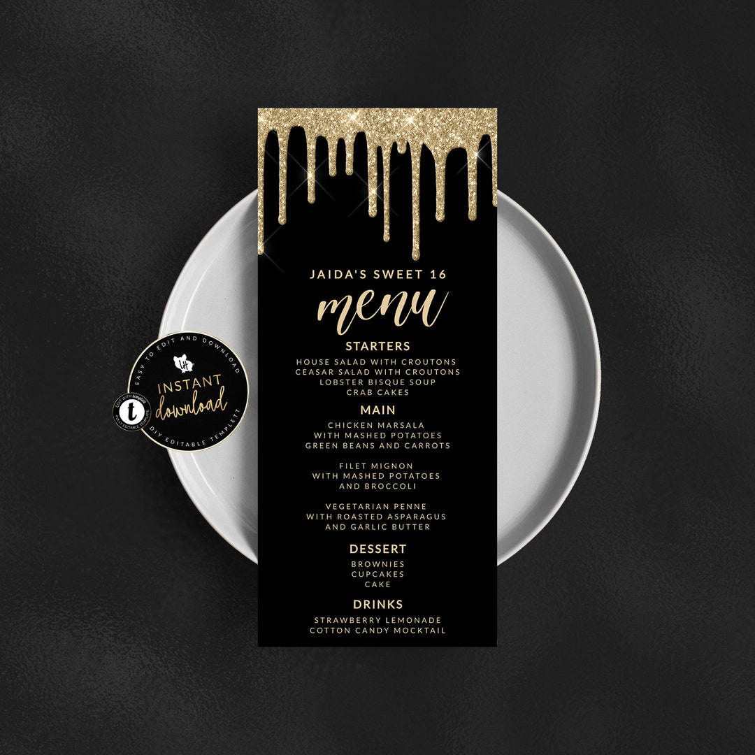 Gold Glitter Drip Menu Card, Dripping Menu, Gold Birthday Menu, Gold ...