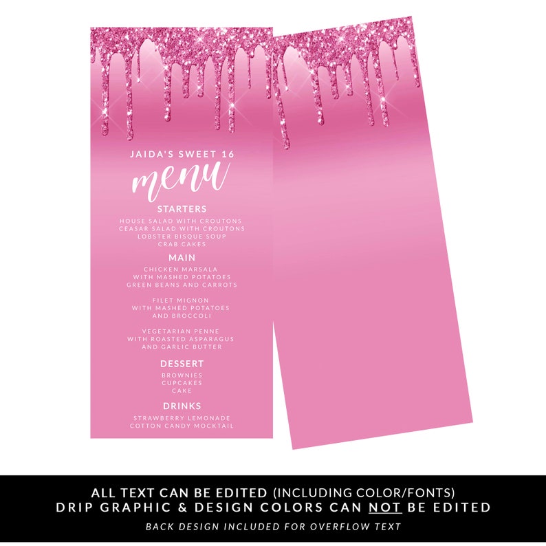 Dripping Pink Menu Card, Glitter Drip Menu, Pink Birthday, Pink 4x9 ...