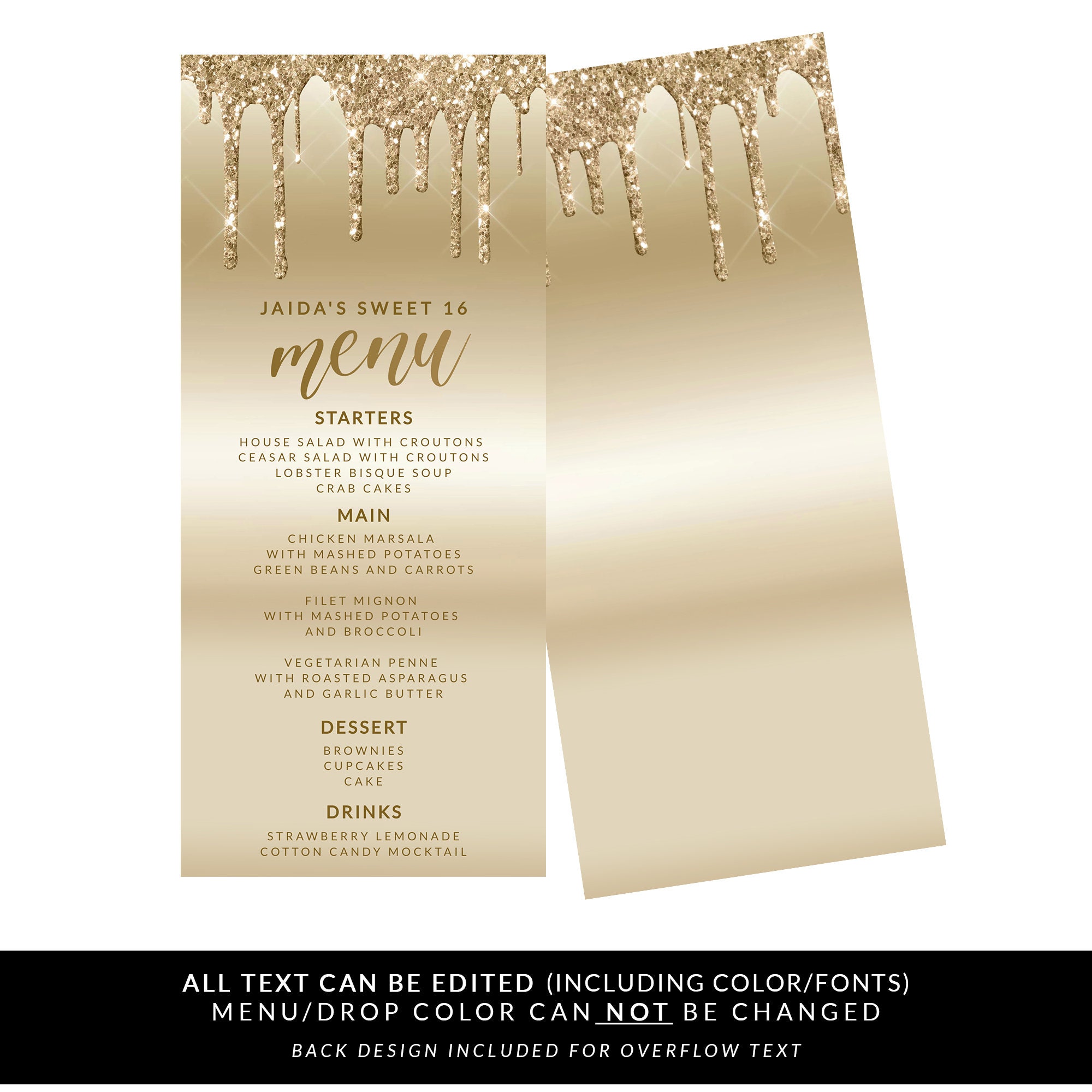 Dripping Gold Menu Card Glitter Drip Menu Gold Birthday - Etsy