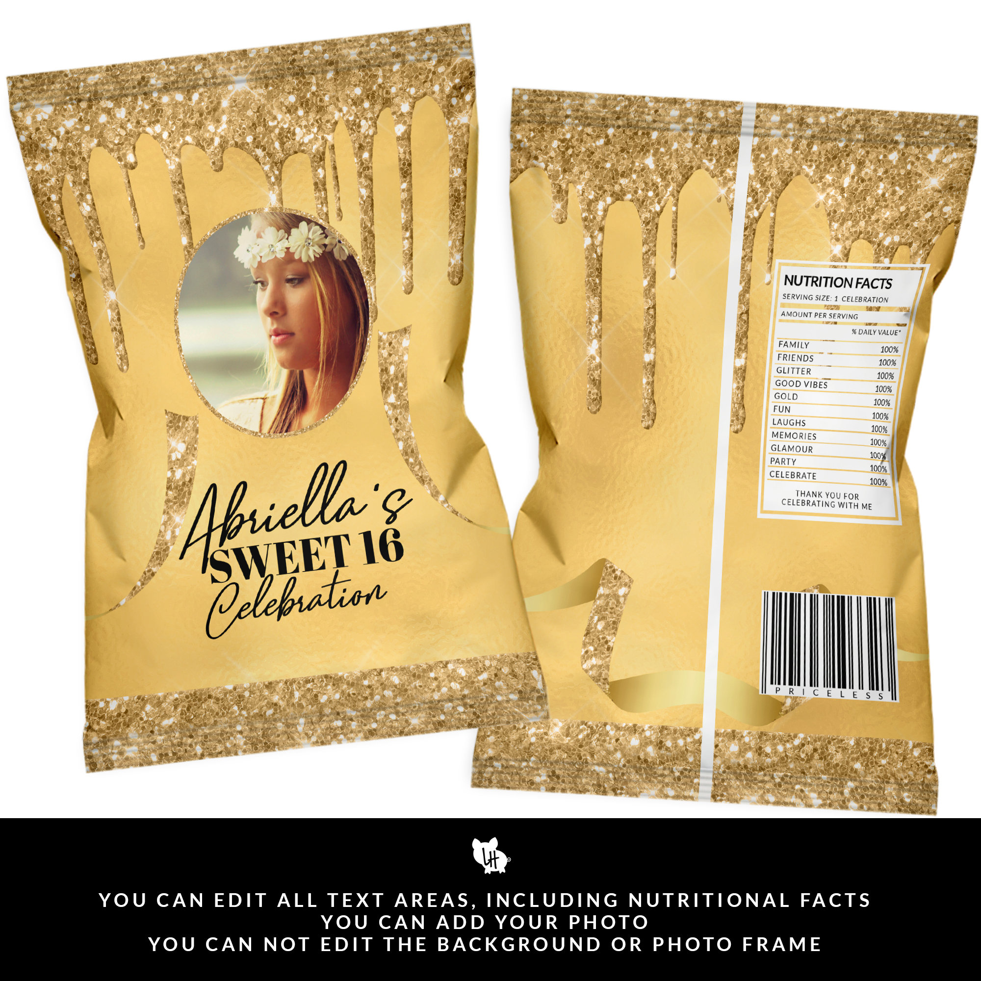 Dripping Gold Chip Bag, Gold Snack Bag, Elegant Printable Chip Bag ...
