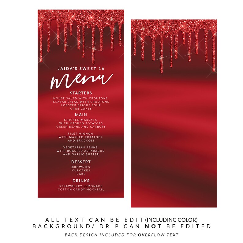Dripping Red Menu Card Red Glitter Drip Menu Red Birthday | Etsy
