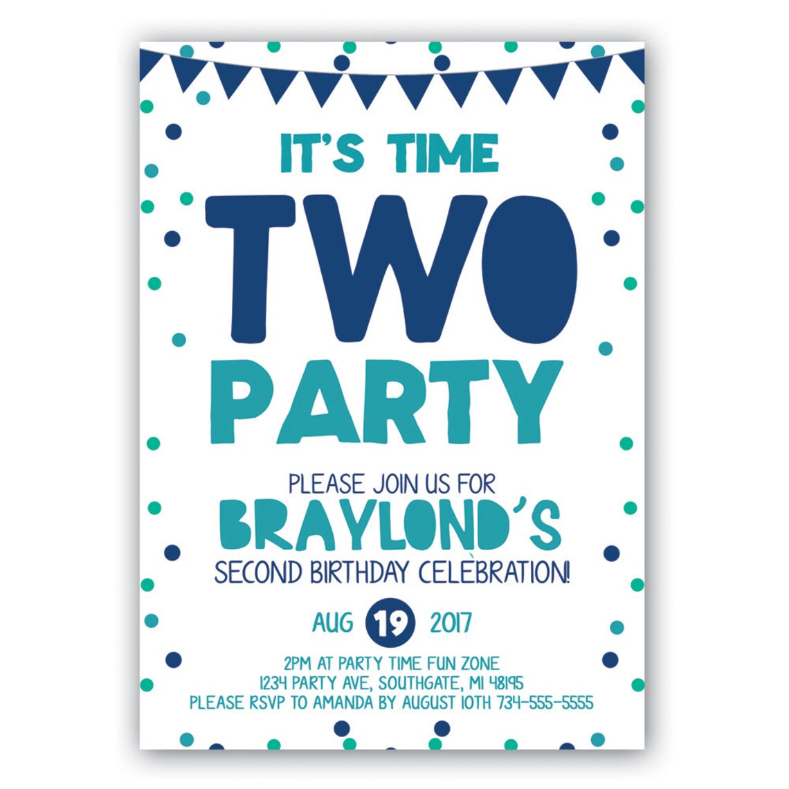 Time Two Party Birthday Invitation, Second Birthday Invitation, Kids ...