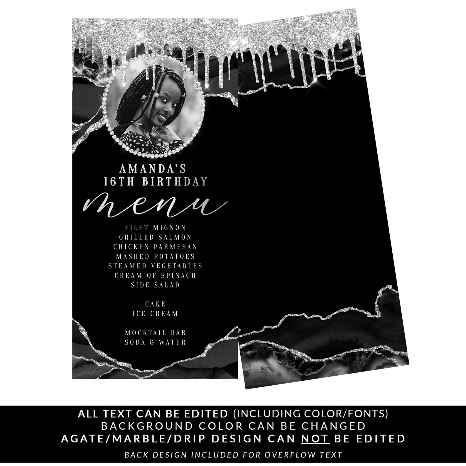 Black and Silver Photo Menu Card, Black and Silver Drip Menu, Black and ...