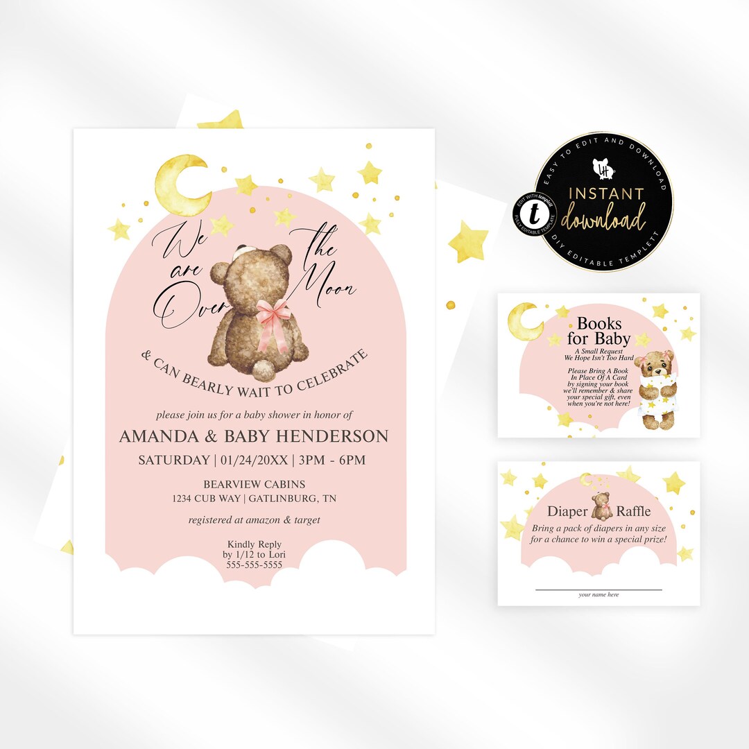 Over the Moon Baby Shower, Girl Teddy Bear Baby Shower, Bearly Wait ...