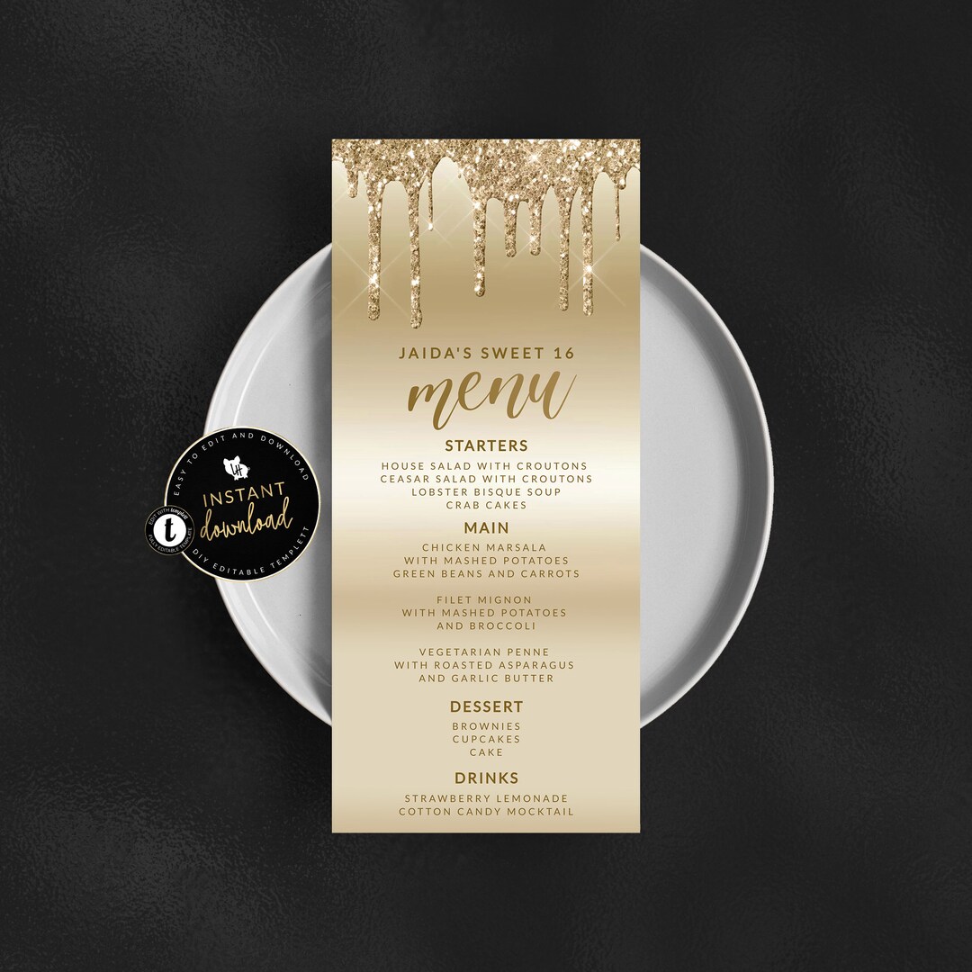 Dripping Gold Menu Card, Glitter Drip Menu, Gold Birthday, Gold 4x9 ...