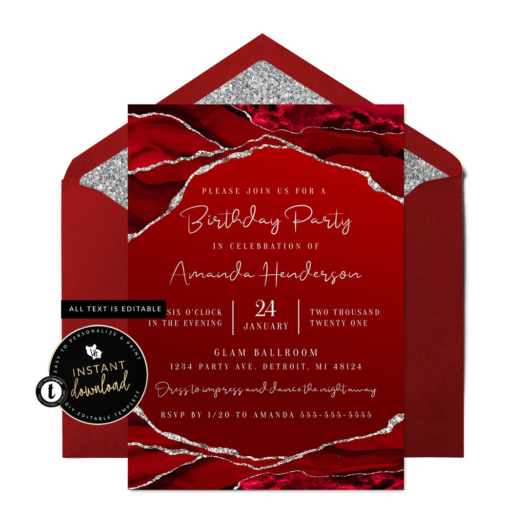 Red and Silver Invitation, Red and Silver Agate Invitation, Red and ...