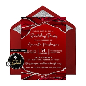 Red and Silver Invitation, Red and Silver Agate Invitation, Red and ...
