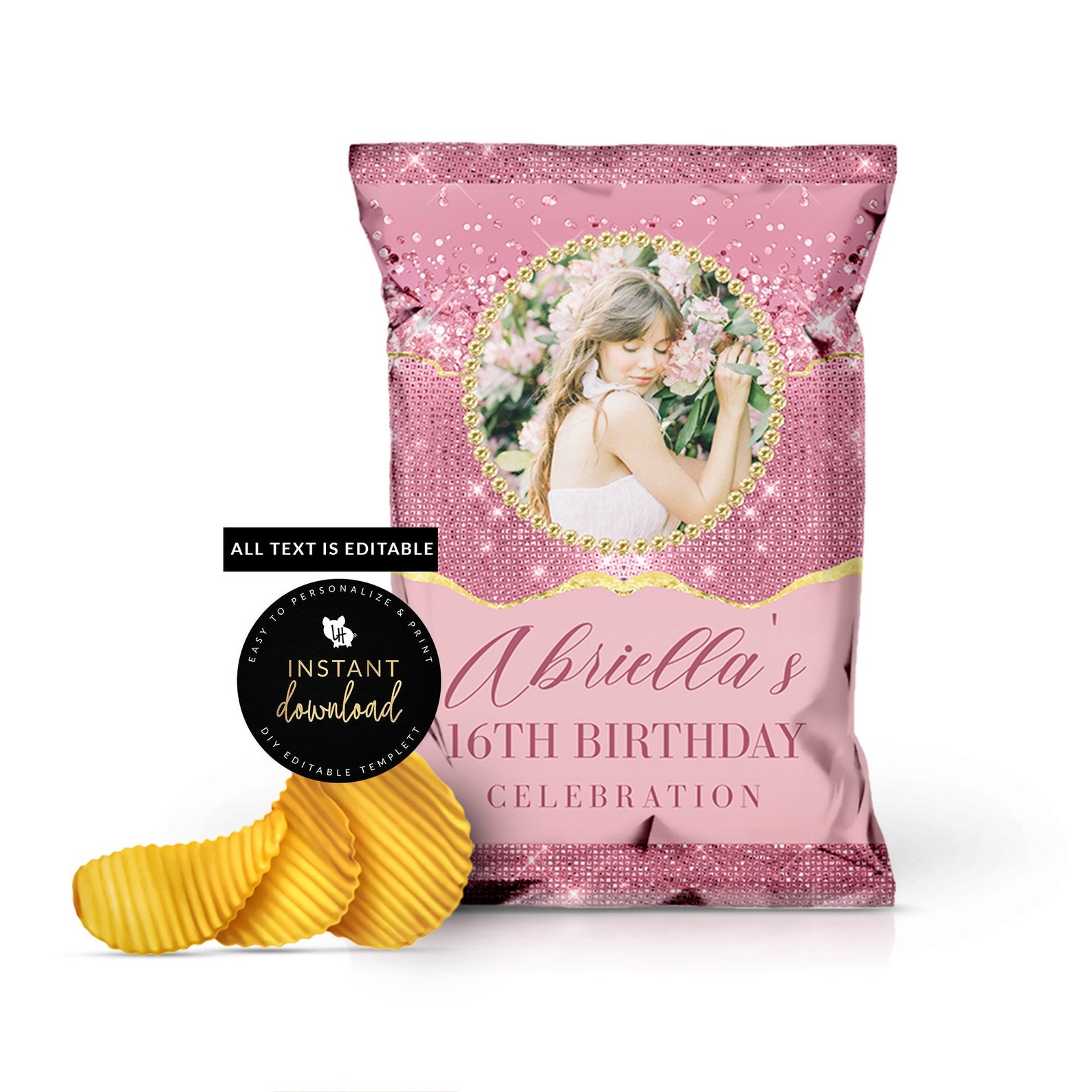 Girls Birthday Chip Bag Pink Printable Chip Bag Pink and - Etsy