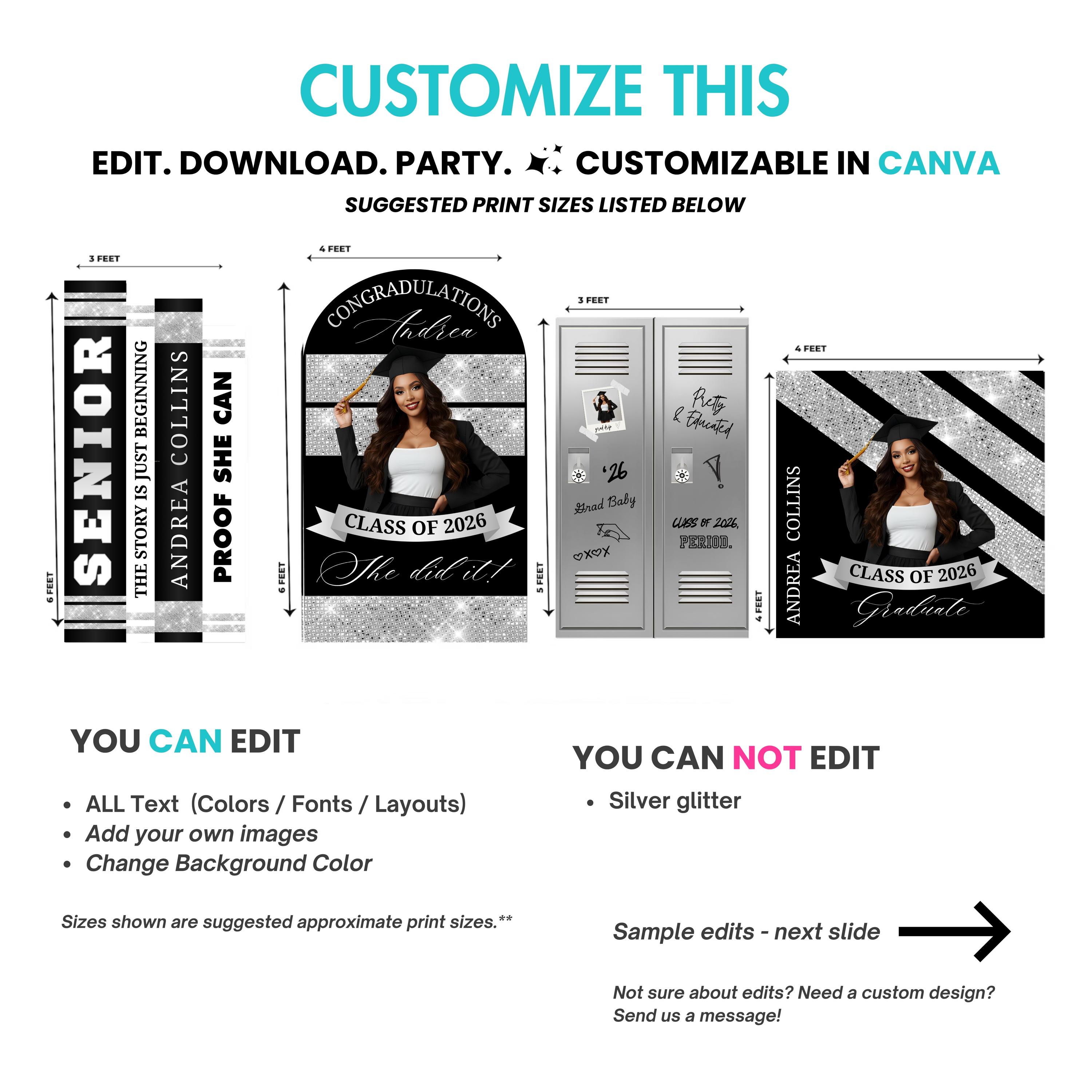 Silver Graduation Backdrop Bundle, Editable Canva Party Decor (digital ...