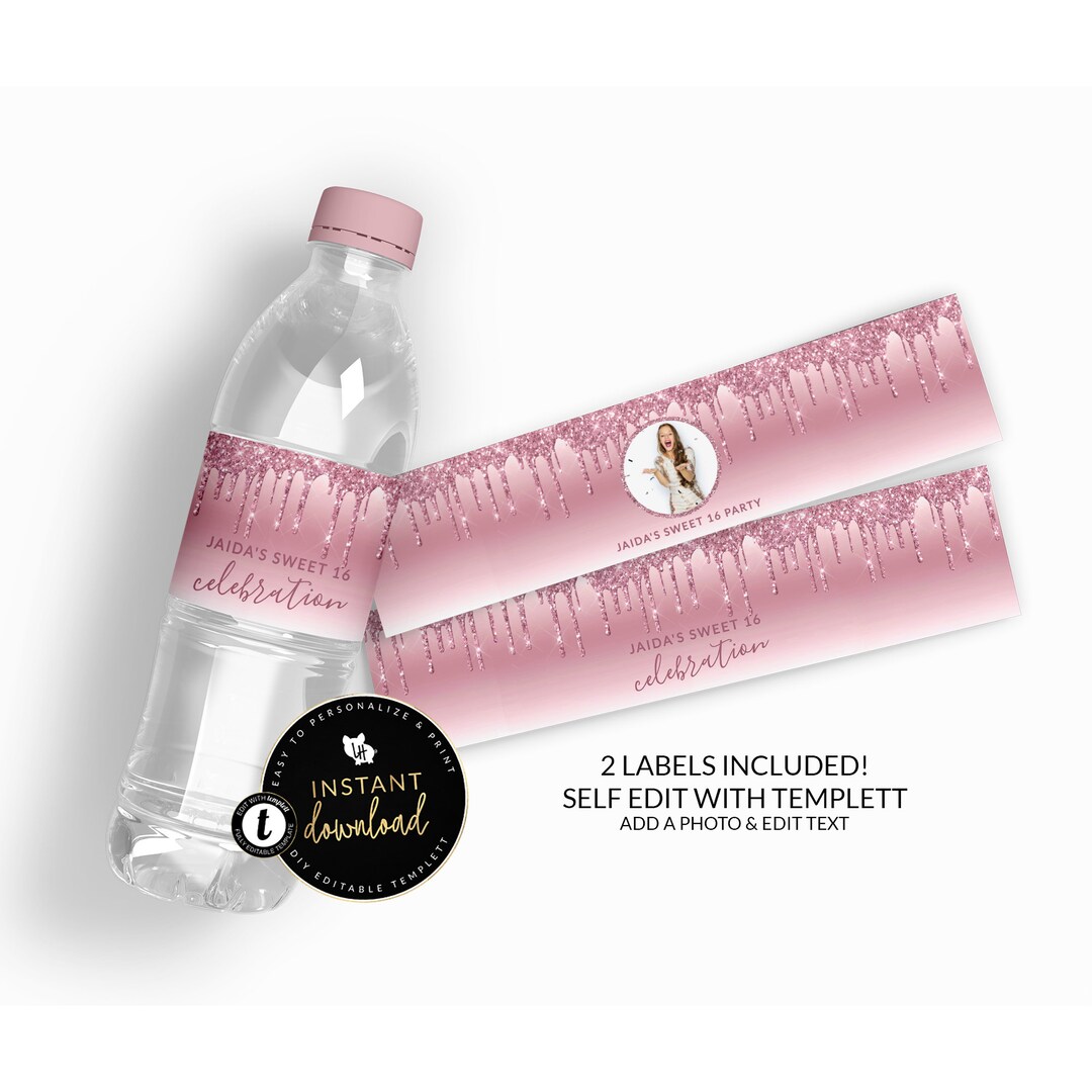 Dripping Pink Water Bottle Labels, Pink Water Label, Pink Birthday ...