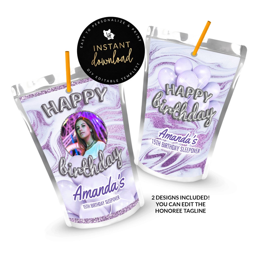 Purple Marble Juice Pouch Labels, Birthday Juice Label, Marble Juice ...
