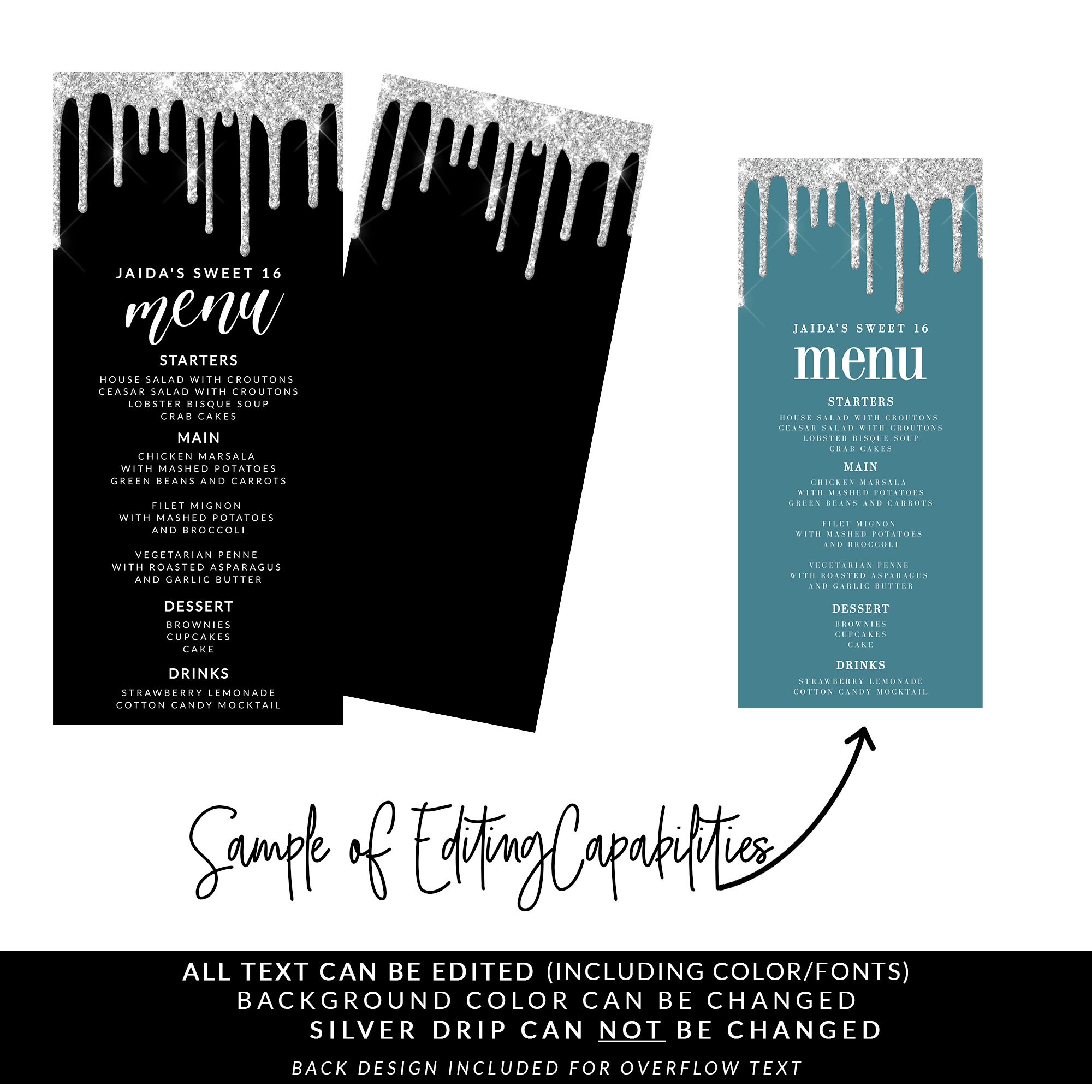 Silver Glitter Drip Menu Silver Birthday Menu Silver Shower - Etsy