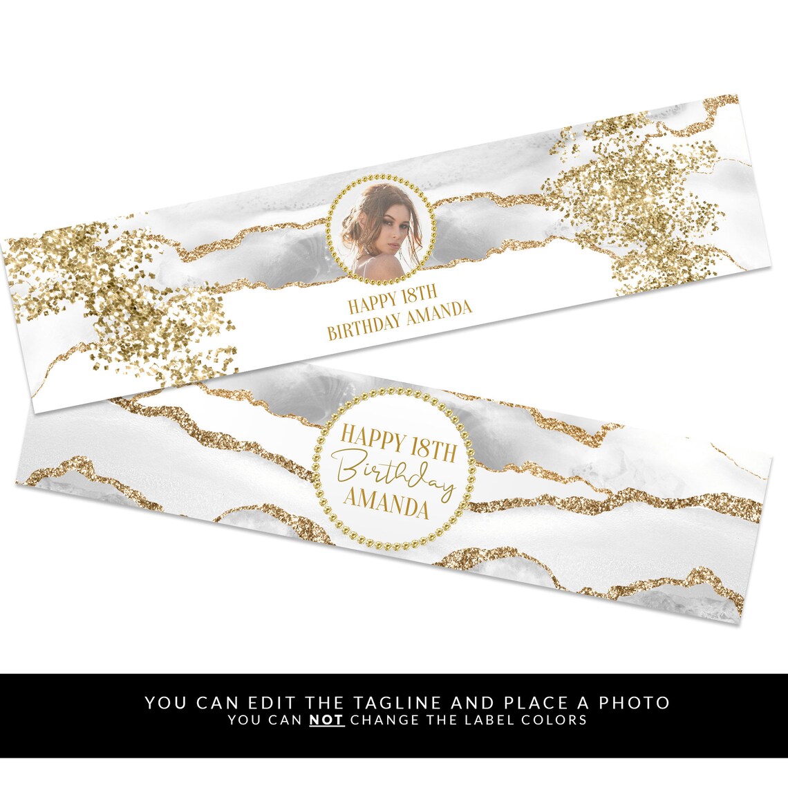 White and Gold Water Bottle Labels, White and Gold Agate Water Labels ...