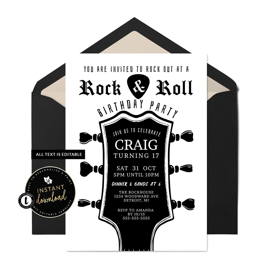 Guitar Invitation, Rock & Roll Invitation, Guitar Birthday Rock N Roll ...
