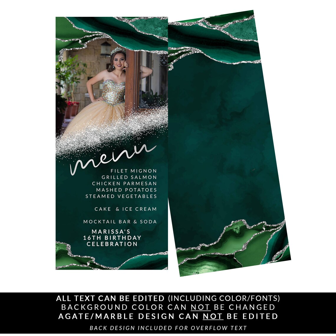 Emerald Green and Silver Photo Menu Card Green and Silver | Etsy