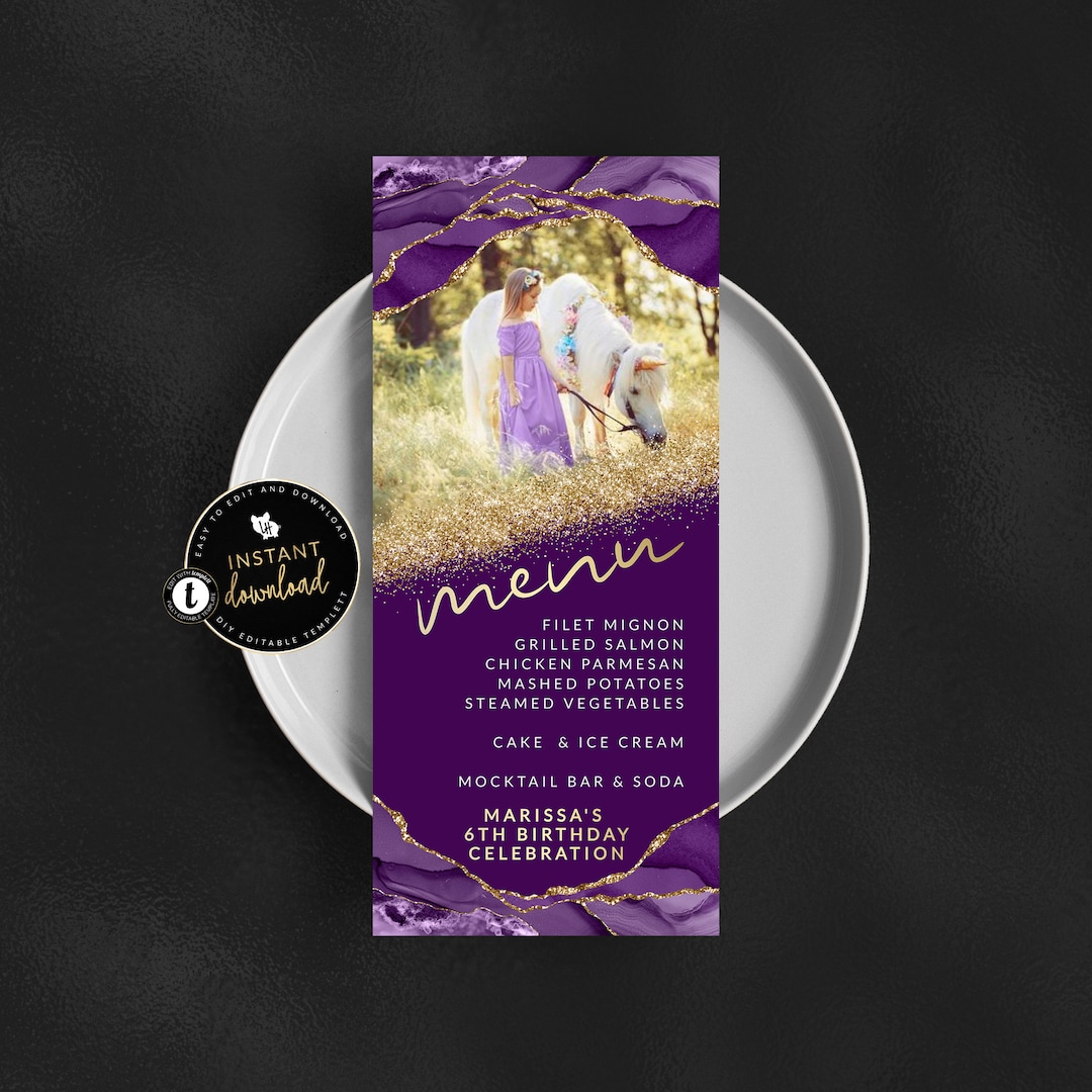 Purple and Gold Photo Menu Card, Purple and Gold Agate Menu, Purple ...
