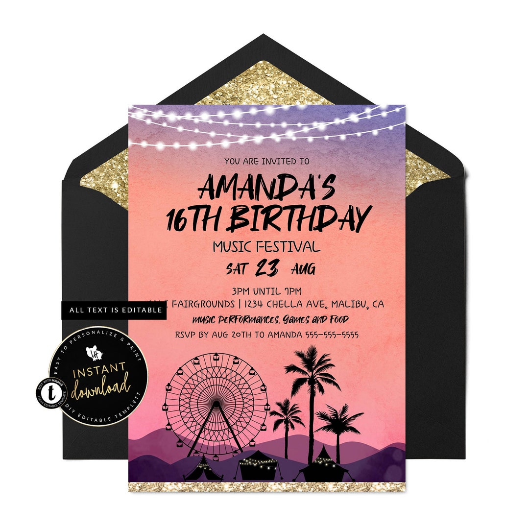 Music Festival Invitation, Festival Birthday Invite, Music Festival ...