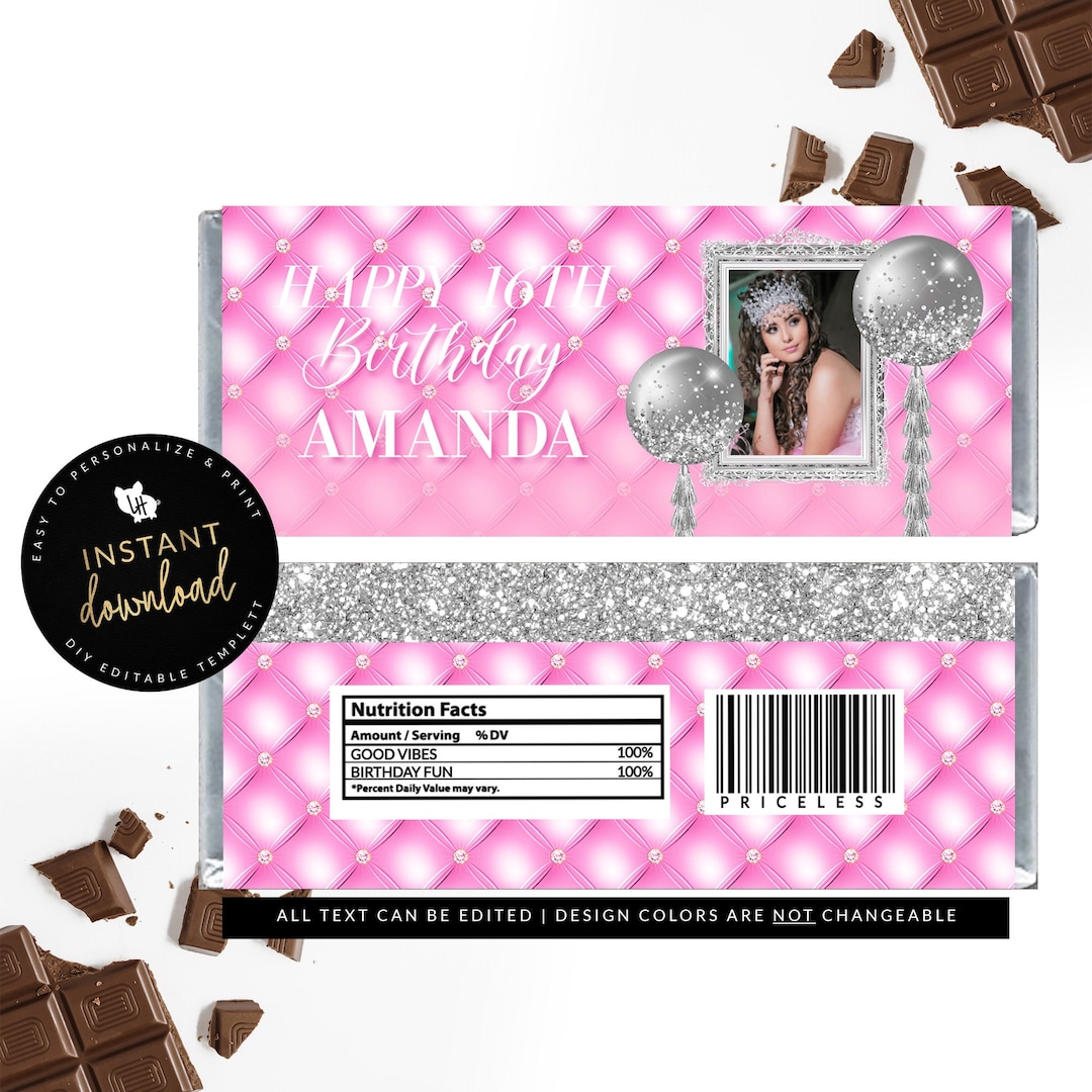 Pink and Silver Candy Bar Label, Tufted Candy Label, Printable Candy ...