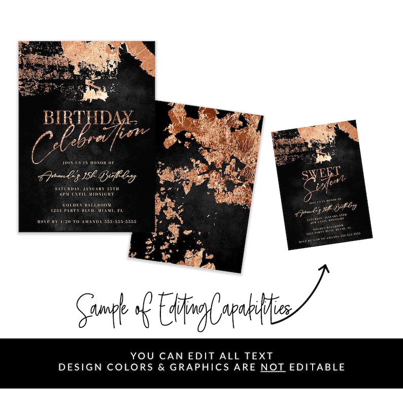 Black and Rose Gold Invitation Black and Rose Gold Birthday - Etsy