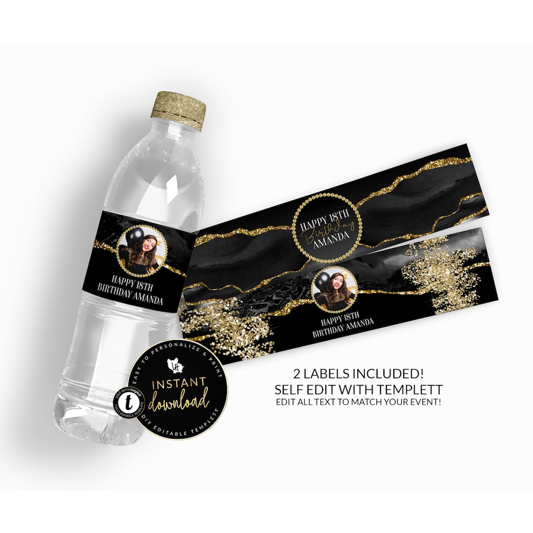 Black and Gold Water Bottle Labels, Black and Gold Agate Water Labels ...