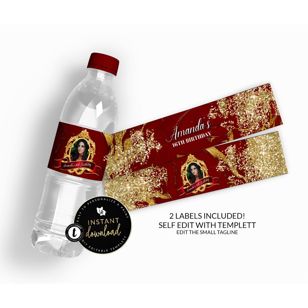 Red and Gold Marble Water Bottle Labels, Photo Water Bottle Label ...