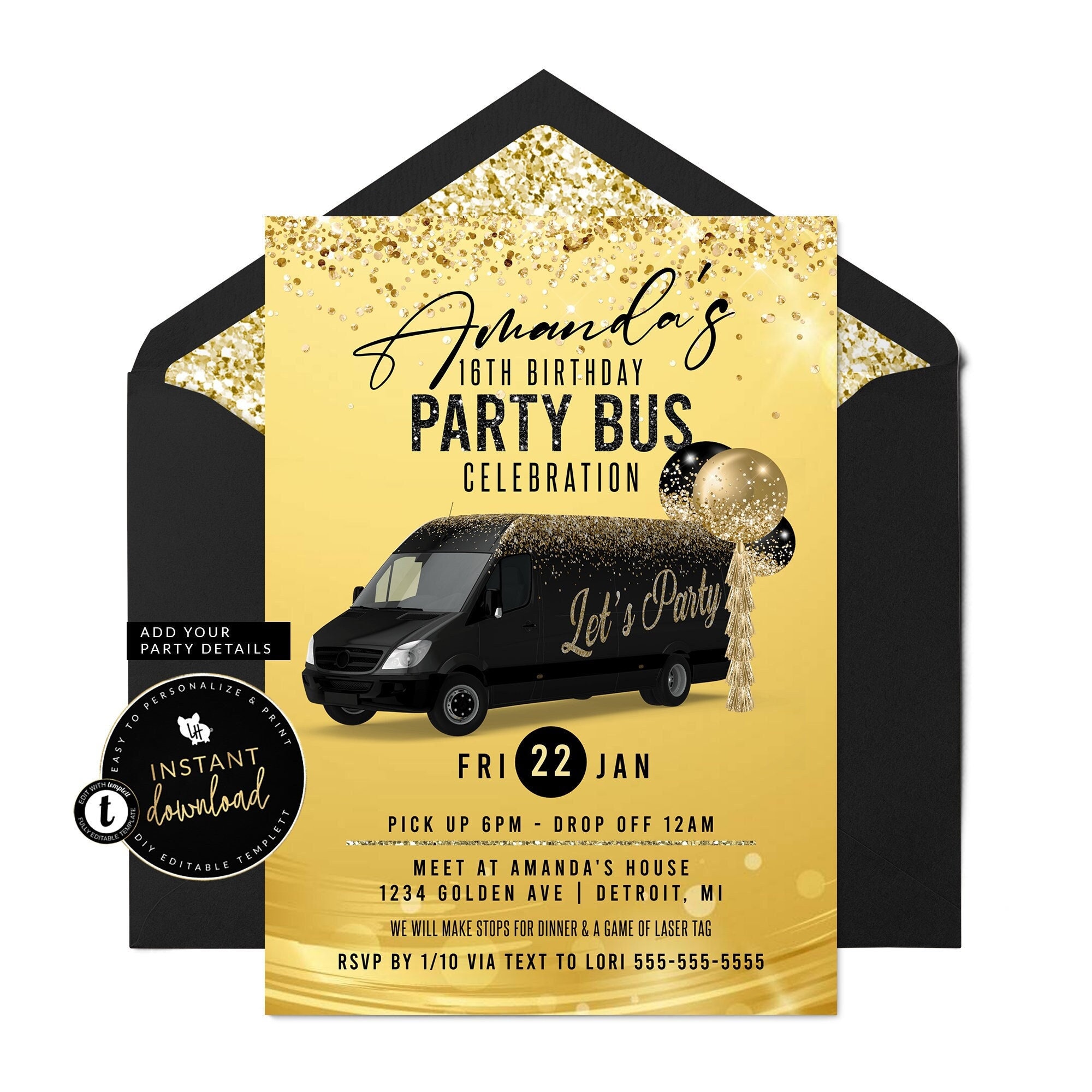 Party Bus Invitation, Party Bus Birthday Invitation, Black and Gold ...