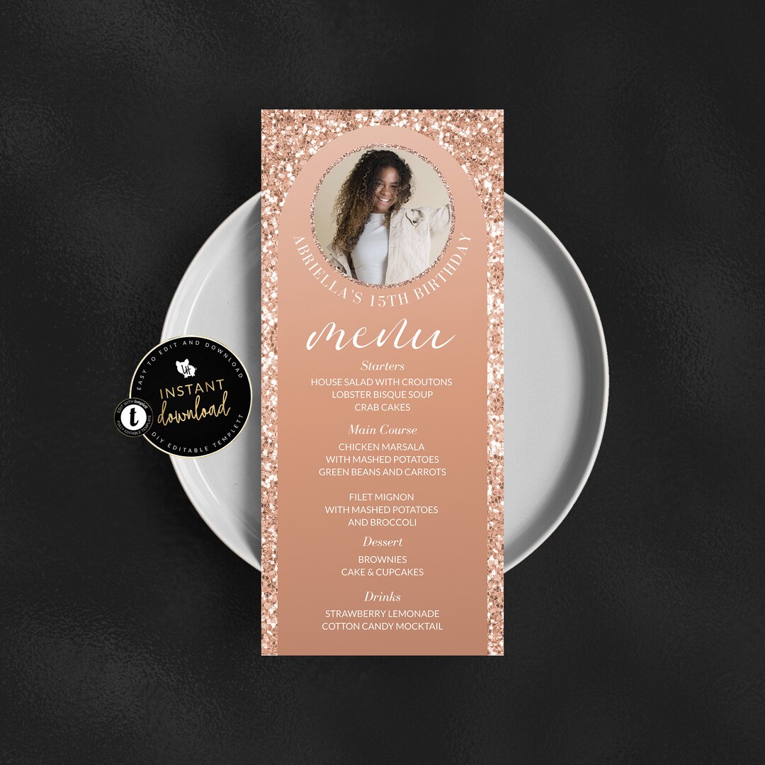 Rose Gold Menu Card With Photo, Photo Menu Card, Printable Menu, Rose ...