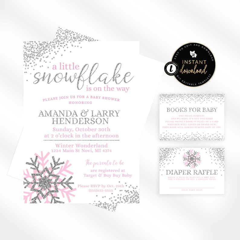 Pink Snowflake Baby Shower Invitation Girl Winter Baby - Etsy