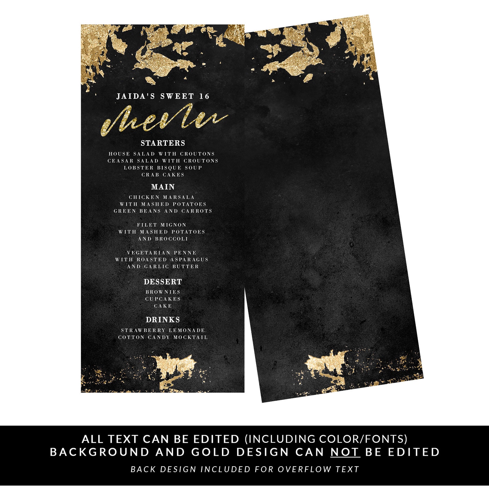 Black and Gold Menu Card, Black and Gold Faux Foil Menu, Black and Gold ...