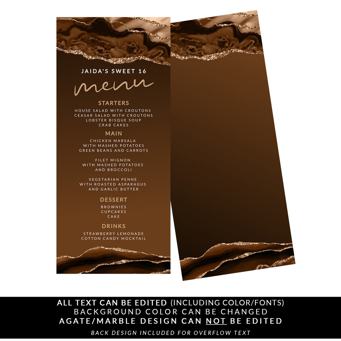 Brown Menu Card, Brown Agate Menu, Neutral Marble Event Menu, Menu Card ...