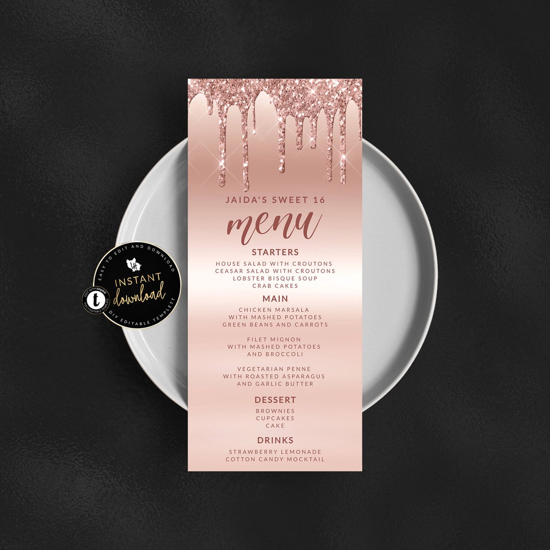 Dripping Rose Gold Menu Card, Glitter Drip Menu, Rose Gold Birthday ...