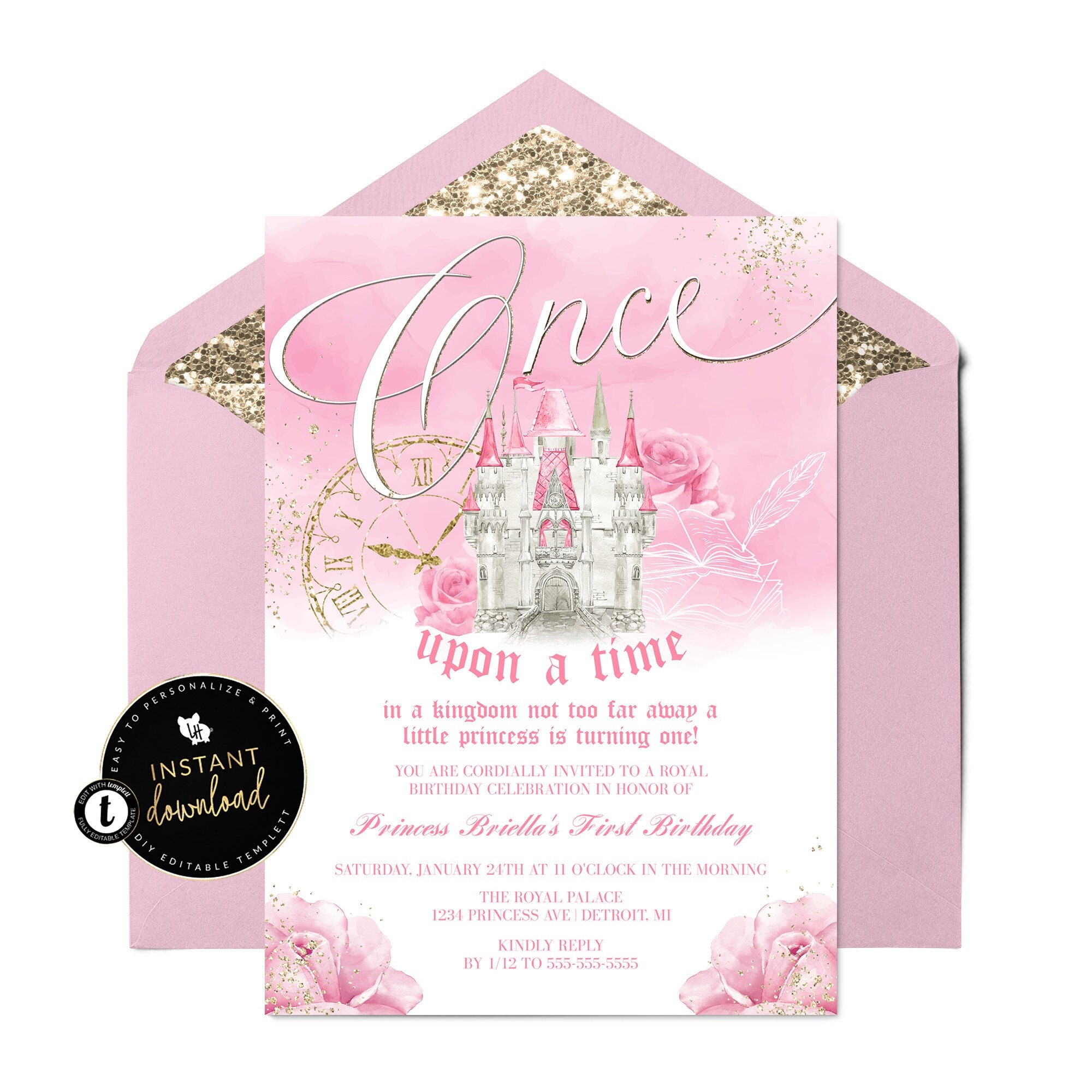 Princess Invitation, Princess Birthday, Pink Princess Party, Once Upon ...