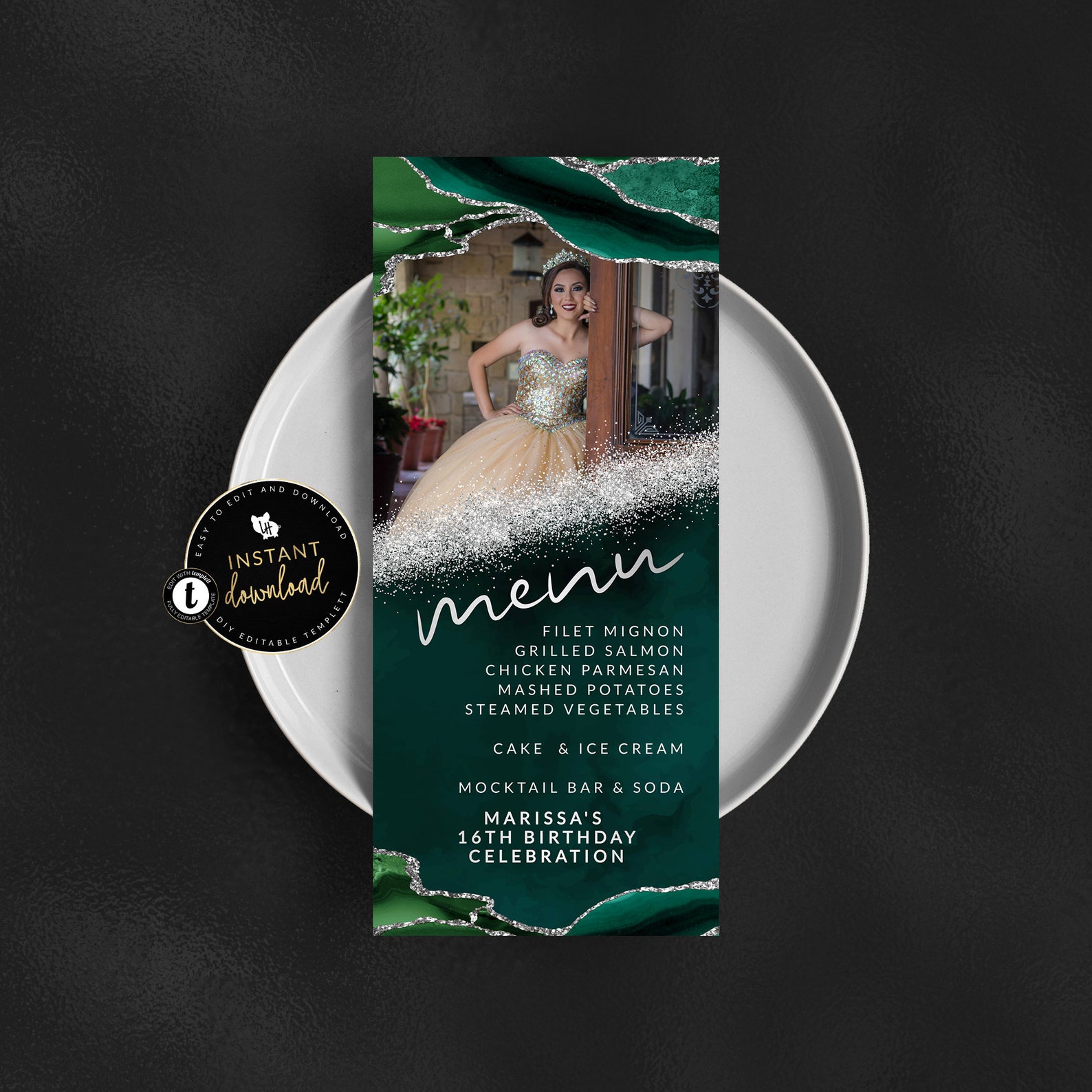Emerald Green and Silver Photo Menu Card, Green and Silver Agate Menu ...