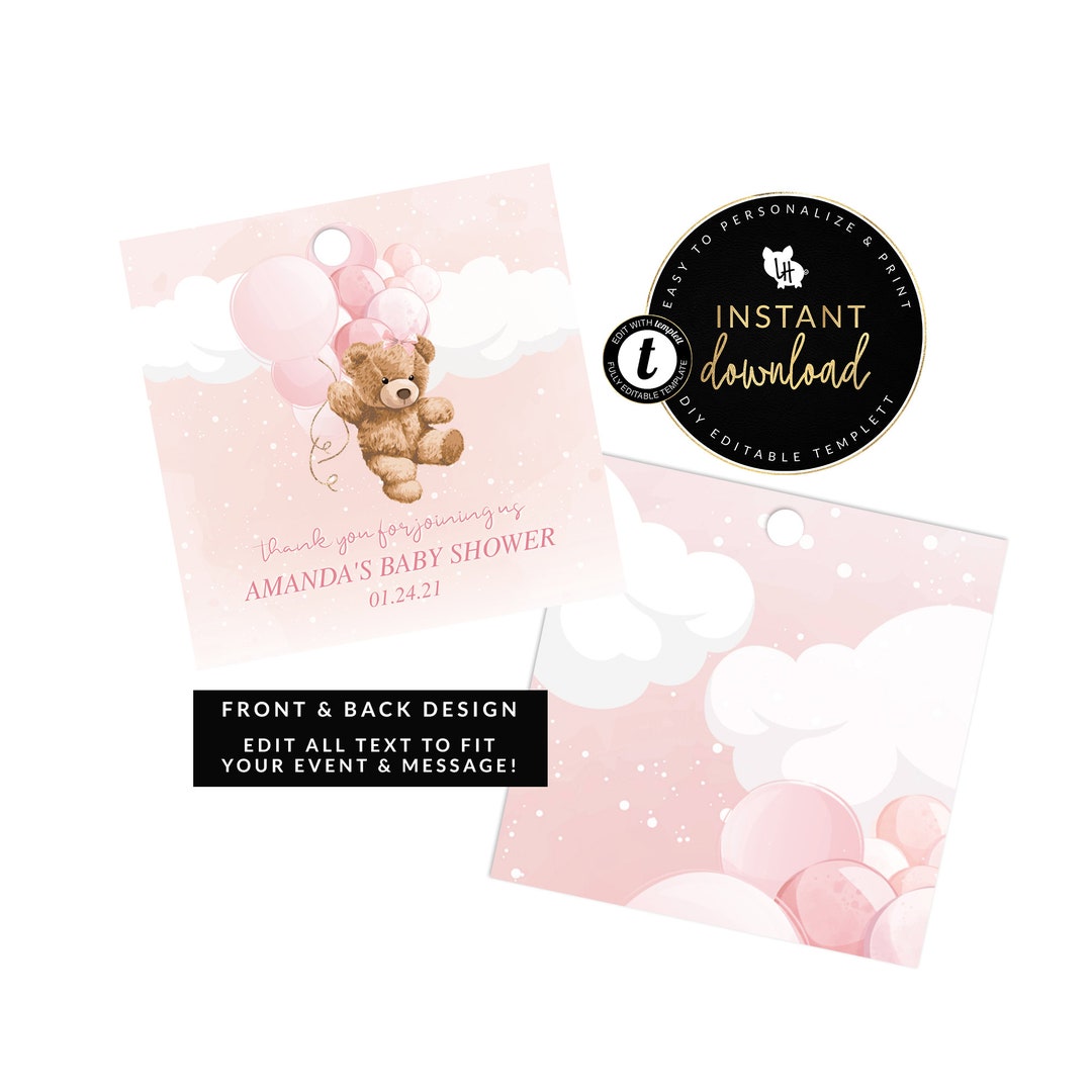 Pink Teddy Bear Favor Tags, Baby Shower Favor Tags, Birthday Favor Tag ...