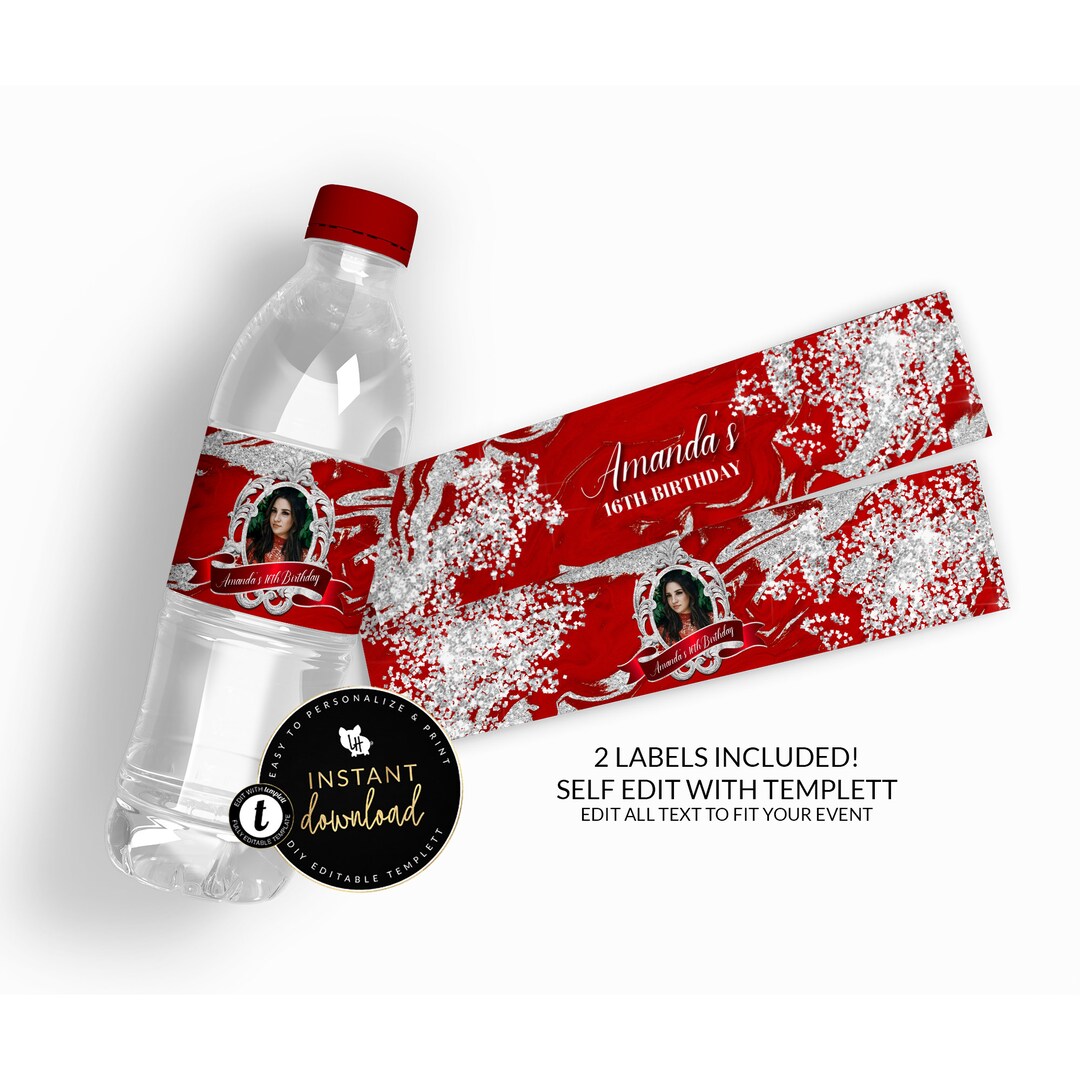 Red and Silver Marble Water Bottle Labels, Photo Water Bottle Label ...