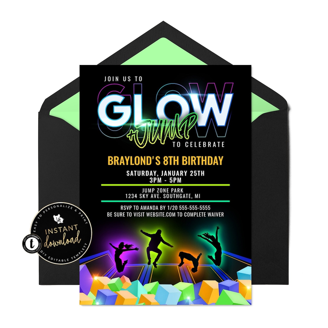 Glow Trampoline Invitation, Glow Trampoline Park Birthday, Glow and ...