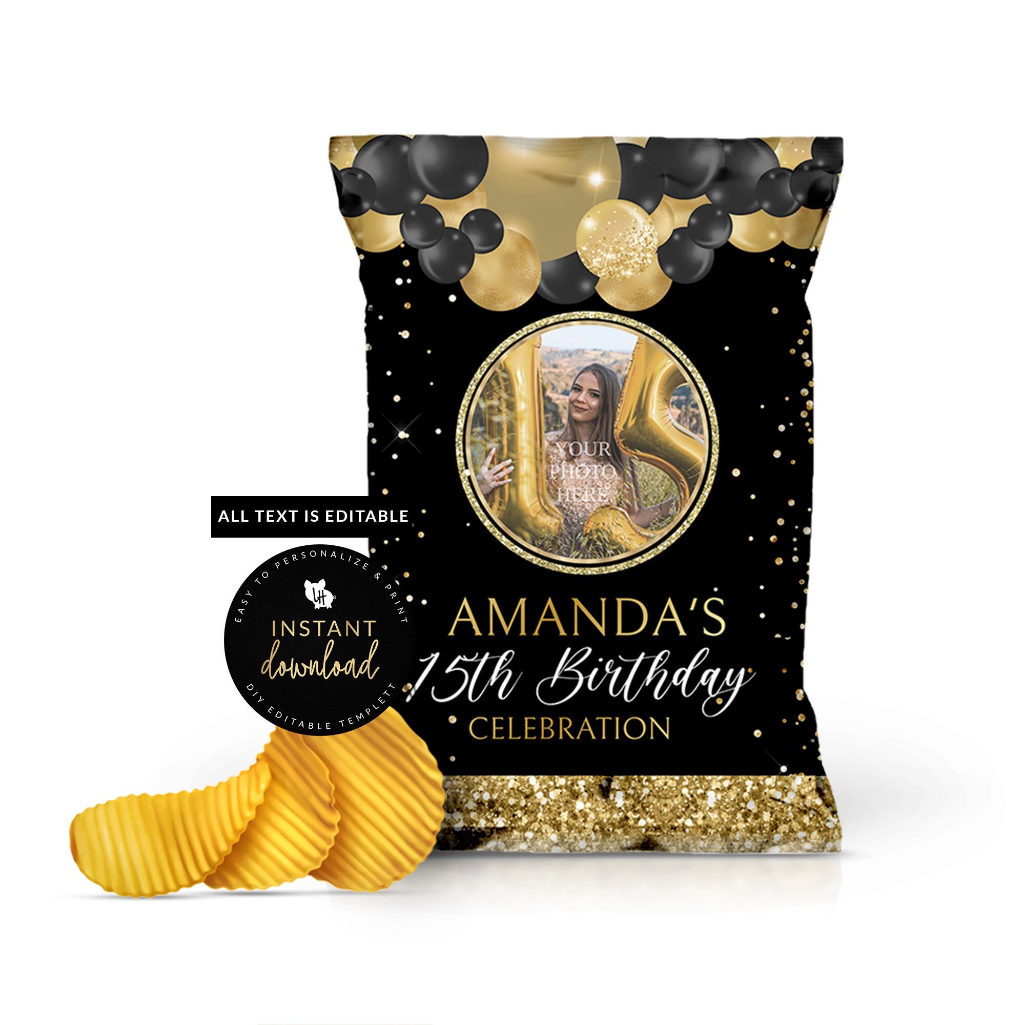 Black and Gold Chip Bag Chip Bag With Photo Birthday - Etsy