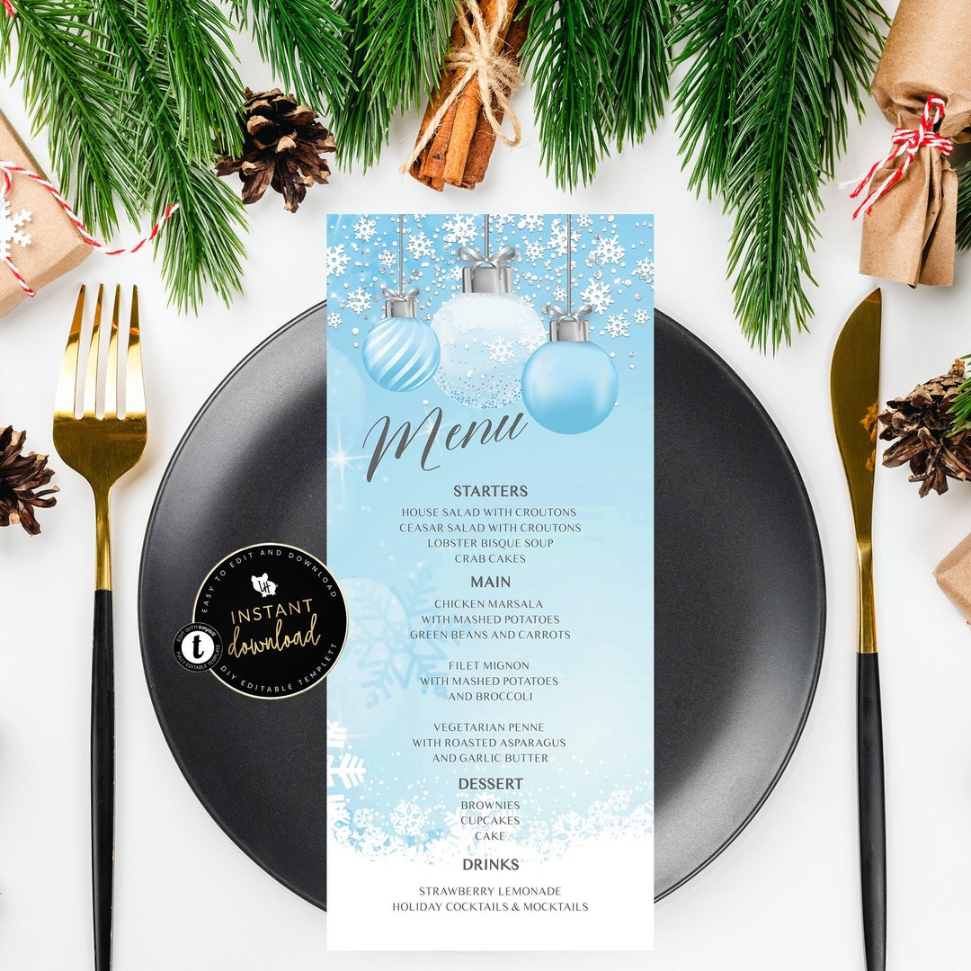 Blue Christmas Menu Card, Christmas Dinner, Menu, Blue Holiday Menu ...
