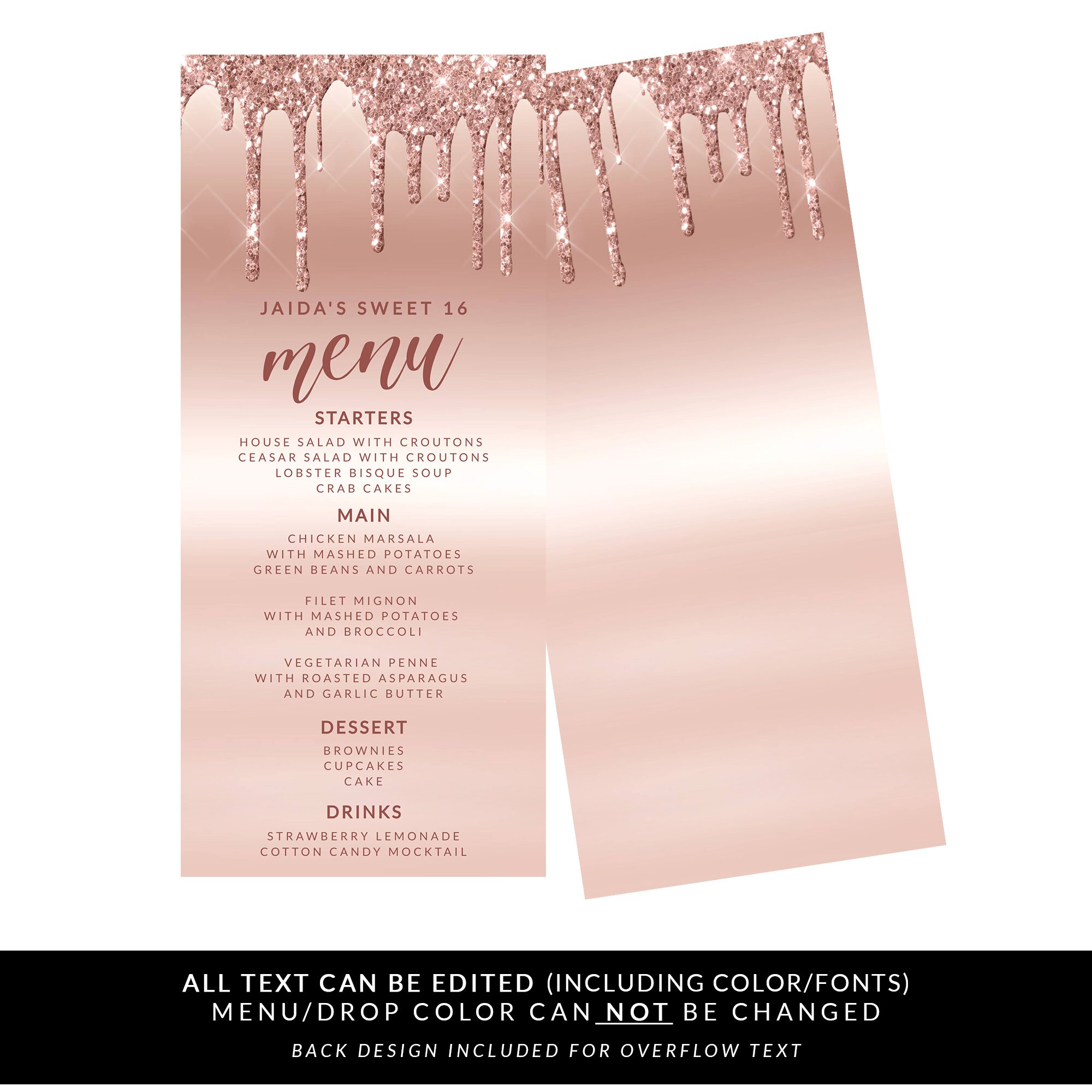 Dripping Rose Gold Menu Card, Glitter Drip Menu, Rose Gold Birthday ...