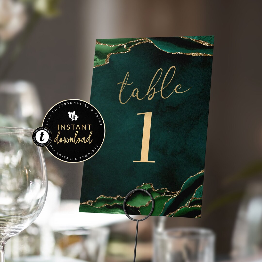 Editable Table Numbers, Emerald Green and Gold Agate, 4x6 Templett ...