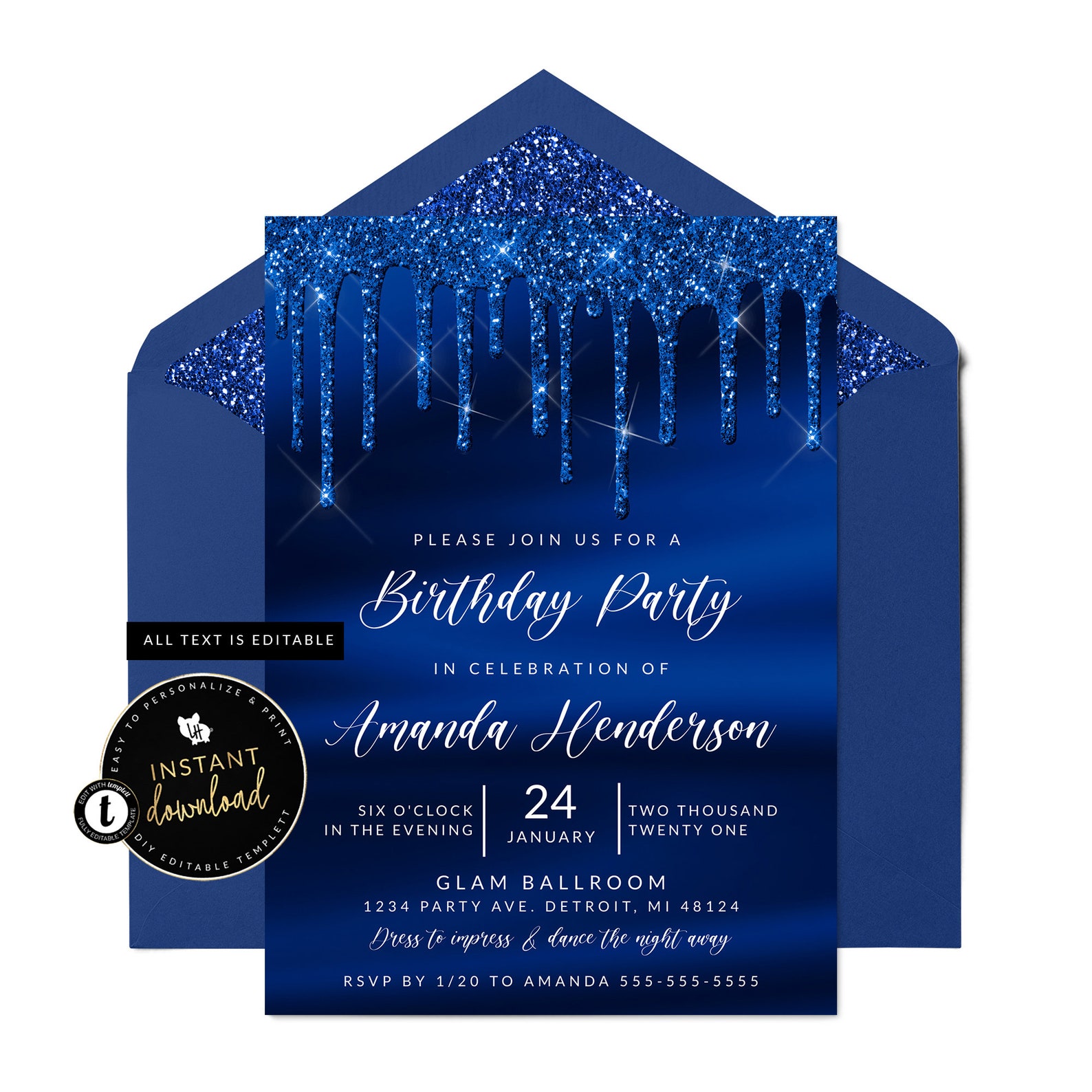 Dripping Blue Invitation Blue Glitter Invitation Glitter - Etsy