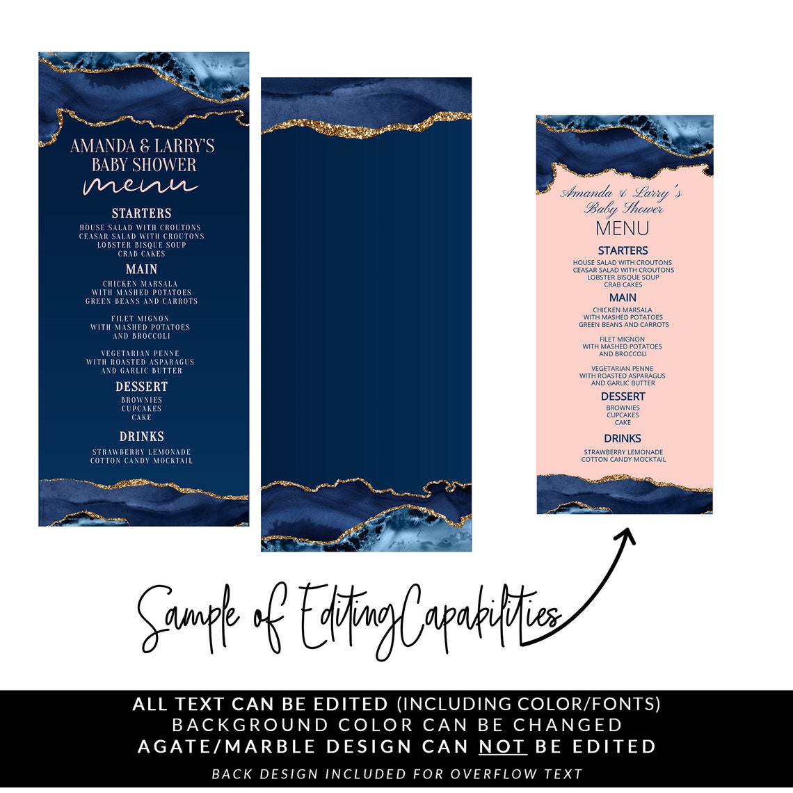 Blue and Gold Menu Card, Blue and Gold Agate Menu, Blue and Gold Event ...