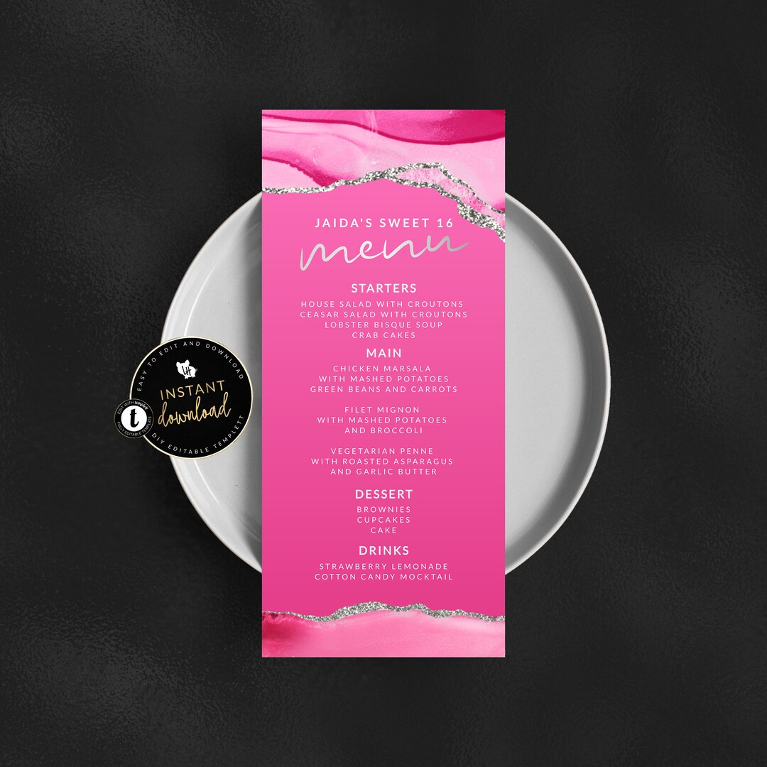 Pink and Silver Menu Card, Pink and Silver Agate Menu, Pink Birthday ...