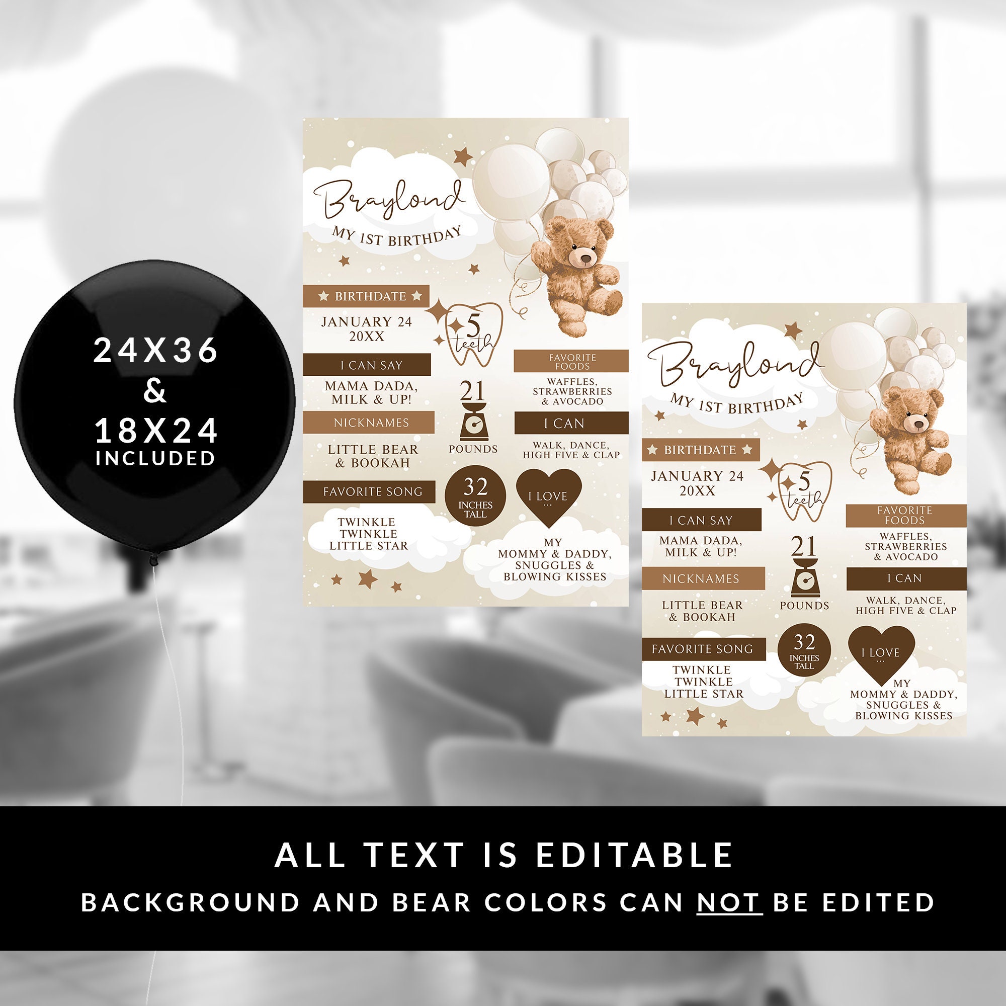 Teddy Bear Birthday Stat Sign Teddy Bear Milestone Poster - Etsy