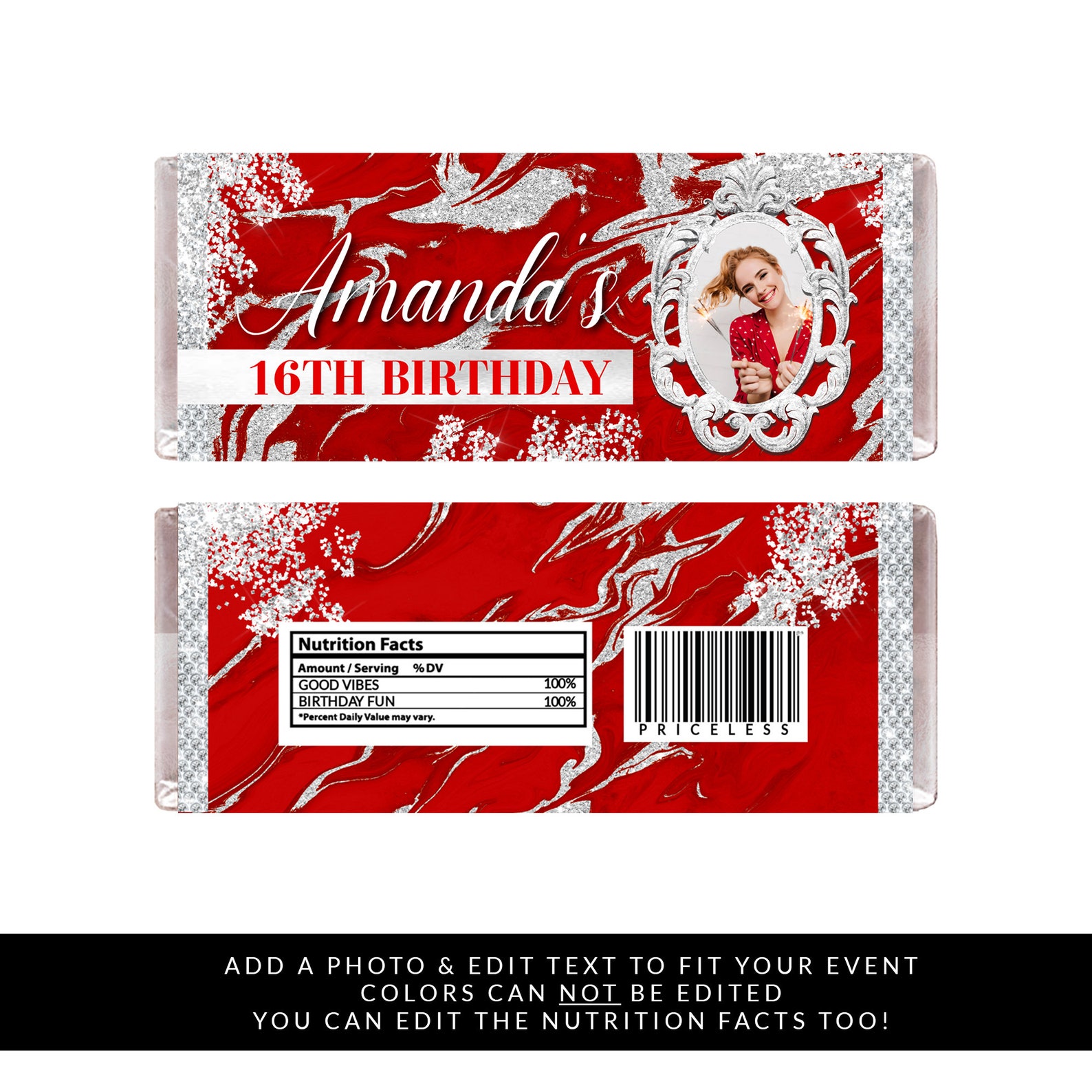 Red and Silver Marble Candy Bar Label Red and Silver Favor - Etsy